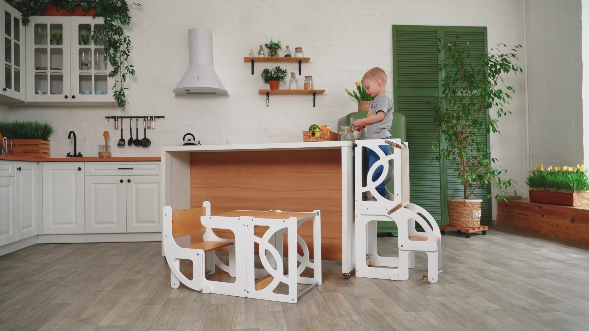 Convertible learning toddler tower with Seatback: Table, Chair, and Slide